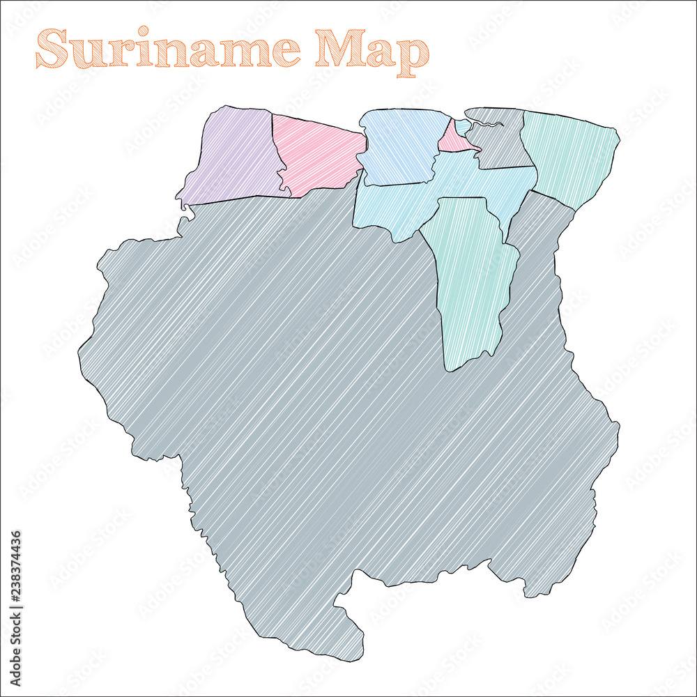 Vektor Suriname hand-drawn map. Colourful sketchy country outline ...