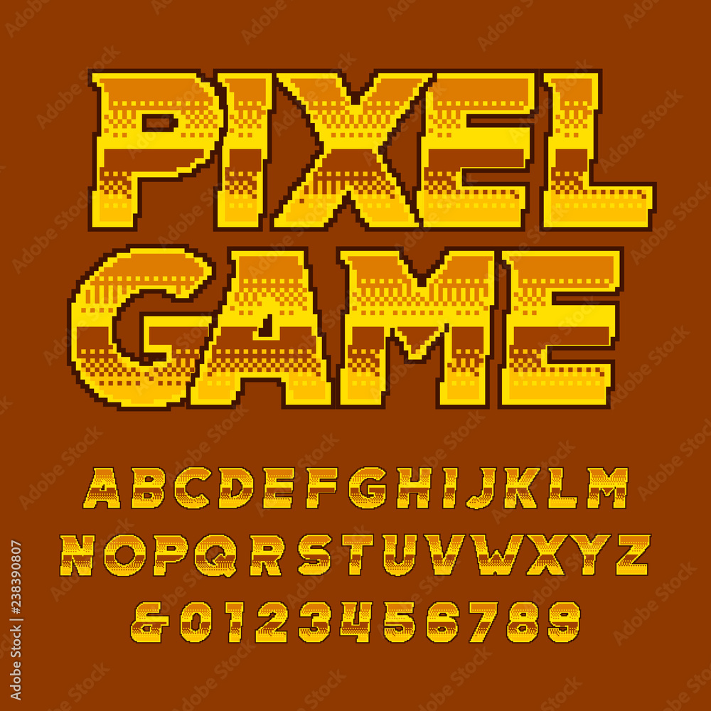 Vector de Stock Retro arcade alphabet font. Pixel golden letters and ...