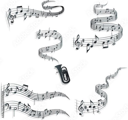 Wavy musical scores and notes vector illustration. Five abstract wavy ...