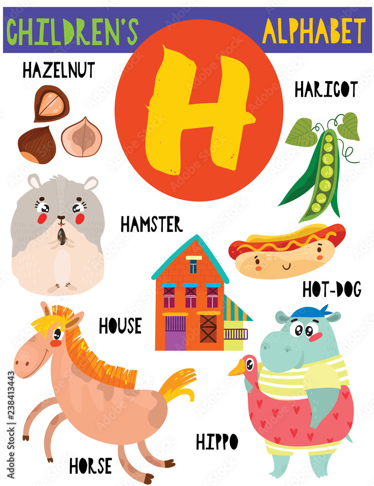 Letter H.Cute children's alphabet with adorable animals and other ...