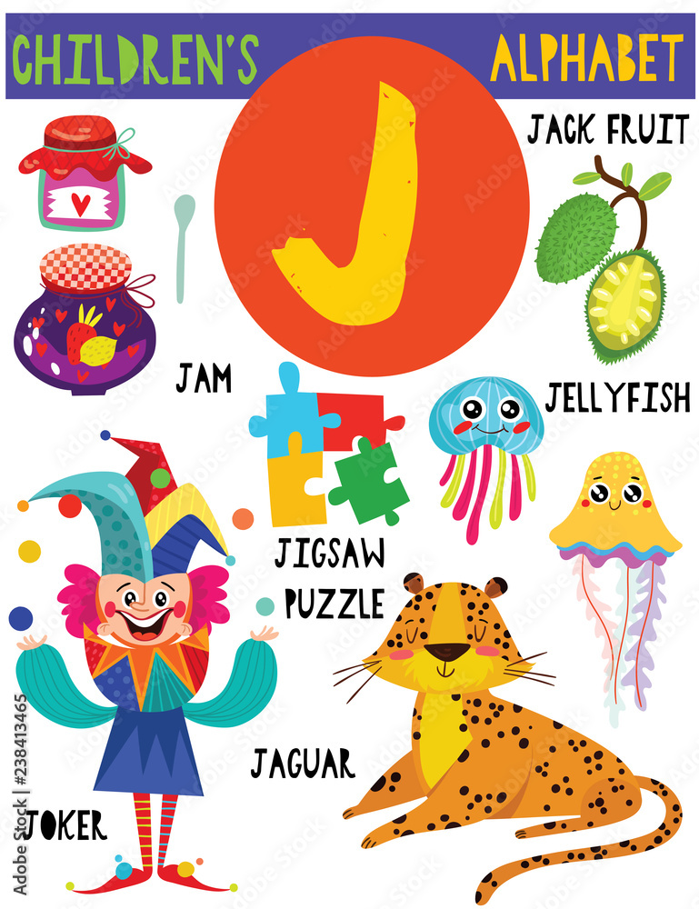 Letter J.Cute children's alphabet with adorable animals and other ...