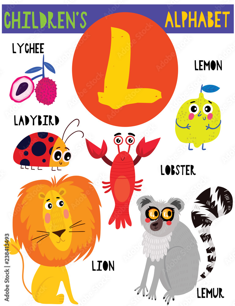 Letter L.Cute children's alphabet with adorable animals and other ...
