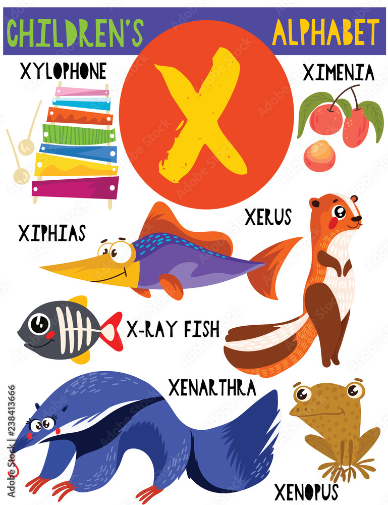 Letter X.Cute children's alphabet with adorable animals and other ...