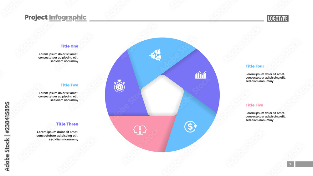 Donut chart with five sections. Infochart, swot analysis, slide ...