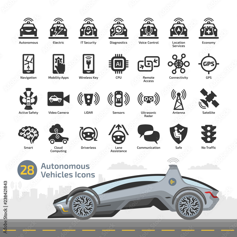 Self drive vehicle icon set with futuristic driverless autonomous smart ...