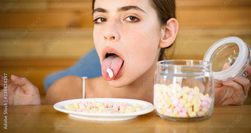 Sweet Tooth Candy Girl With Sweet Confectionery Pretty Woman Hold Marshmallows On Tongue