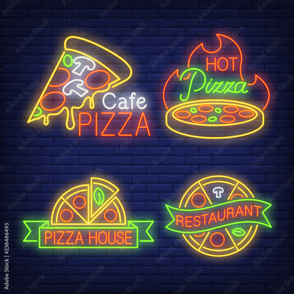 Pizza neon signs set with text. Pizza and restaurant advertisement ...
