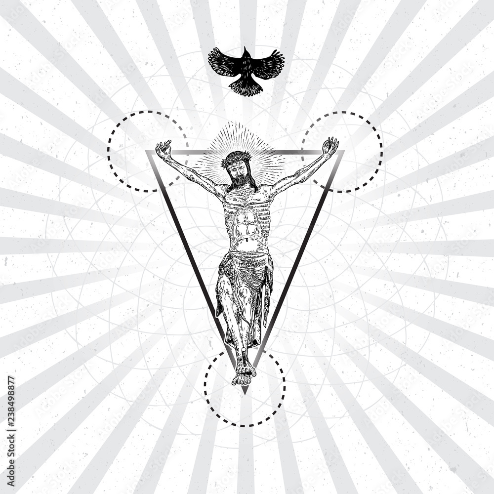 Jesus Christ modern interpretation of crucifixion with bird fly over ...