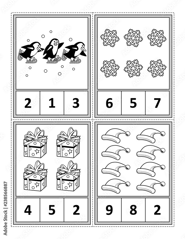 Winter holidays themed counting 1 to 10 practise for kids worksheet or ...