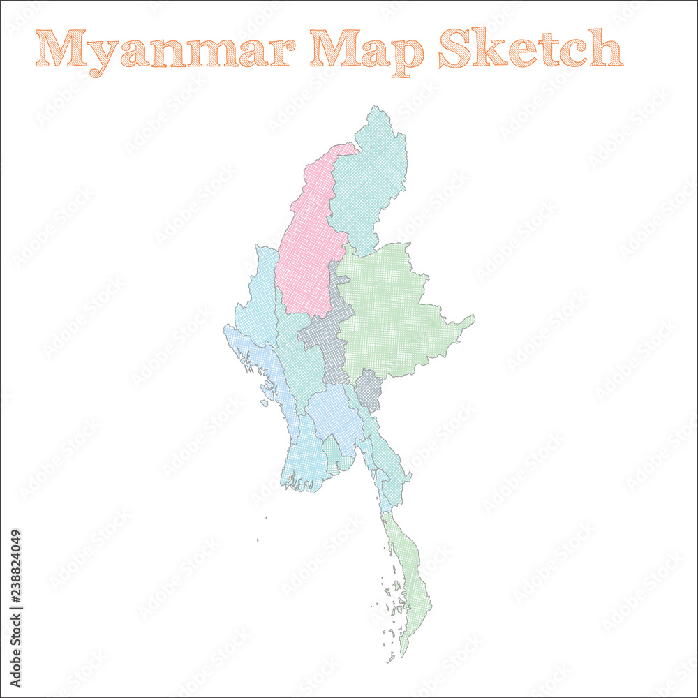 Myanmar map. Hand-drawn country. Slightly sketchy Myanmar map with ...