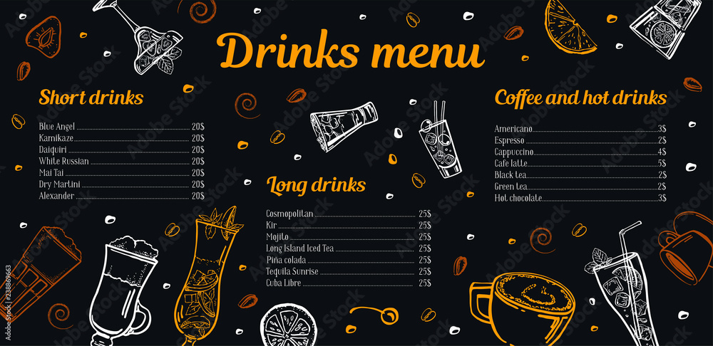 Cocktails, coffee and hot drinks menu design template with list of ...