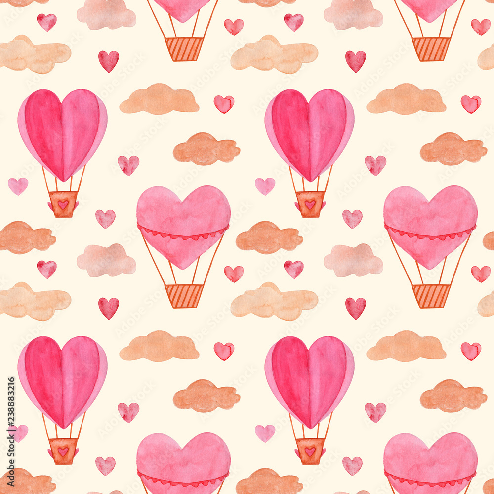 Seamless pattern. Hand drawn watercolor illustration, hot air balloon ...