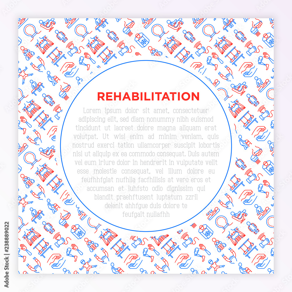 Rehabilitation for disabled concept with thin line icons: magnetic ...