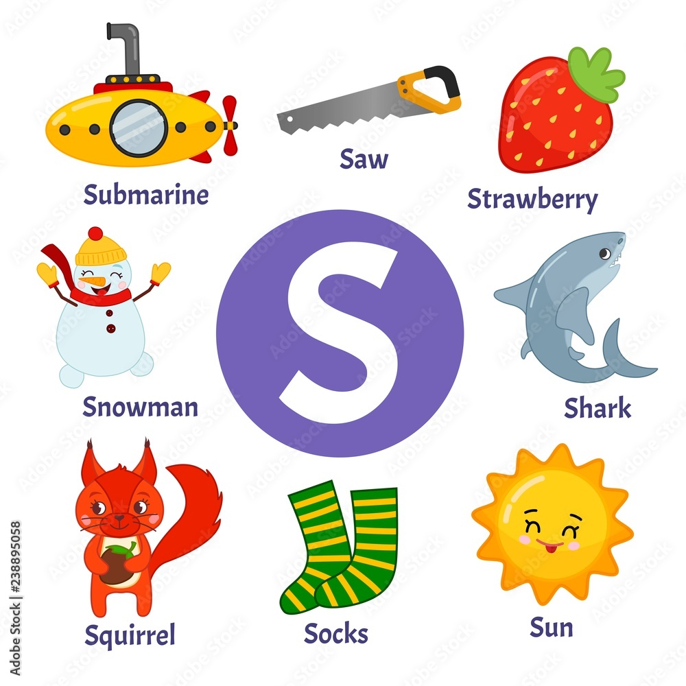 Learning card alphabet. Letter S. Set of cute cartoon illustrations ...