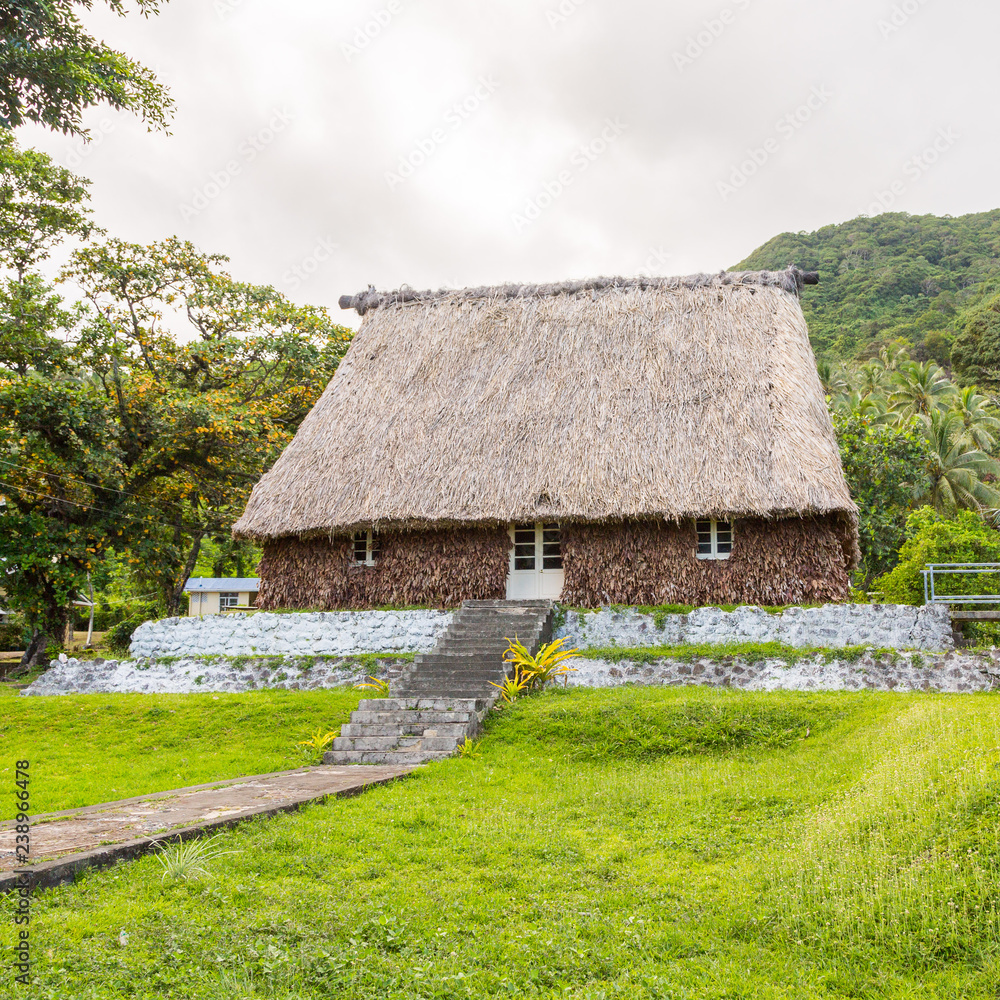 Traditional authentic fijian Bure, wood-and-straw thatched walls and ...