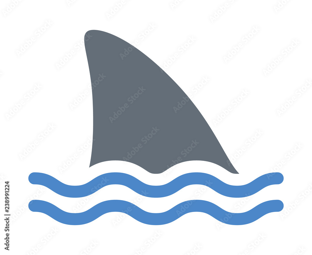 Shark attack warning sign with shark dorsal fin swimming in water flat ...