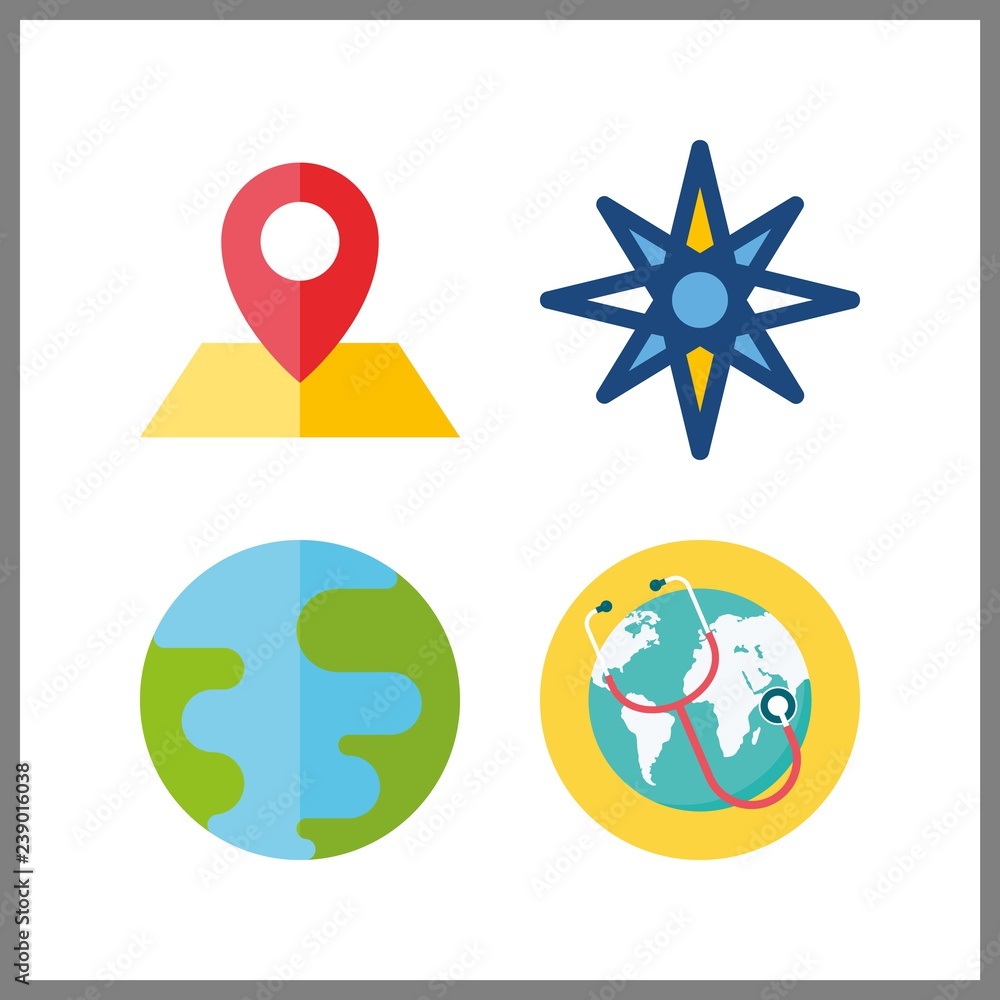 4 map icon. Vector illustration map set. planet earth and windrose ...