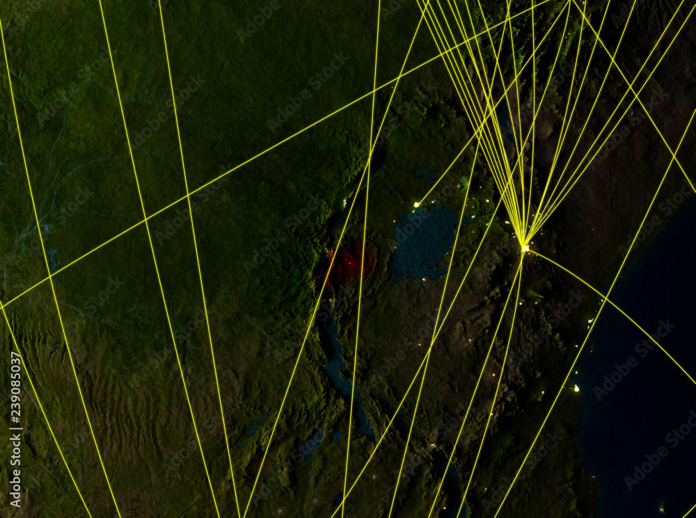 Rwanda from space on model of planet Earth with networks. Detailed planet surface with city ...