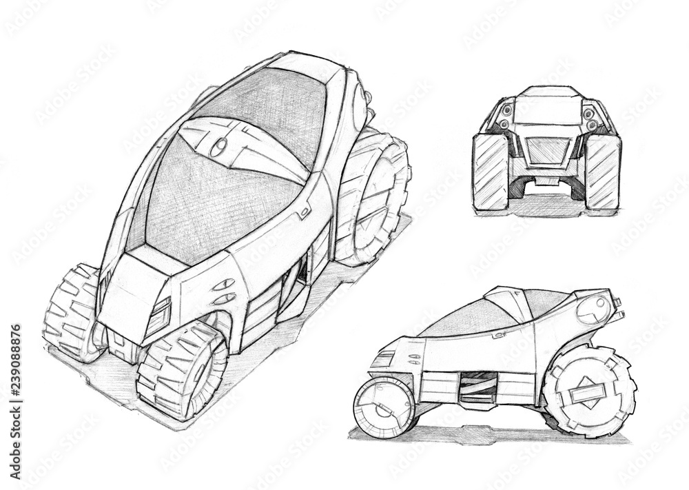 Black and white pencil concept art drawing of small futuristic or sci ...