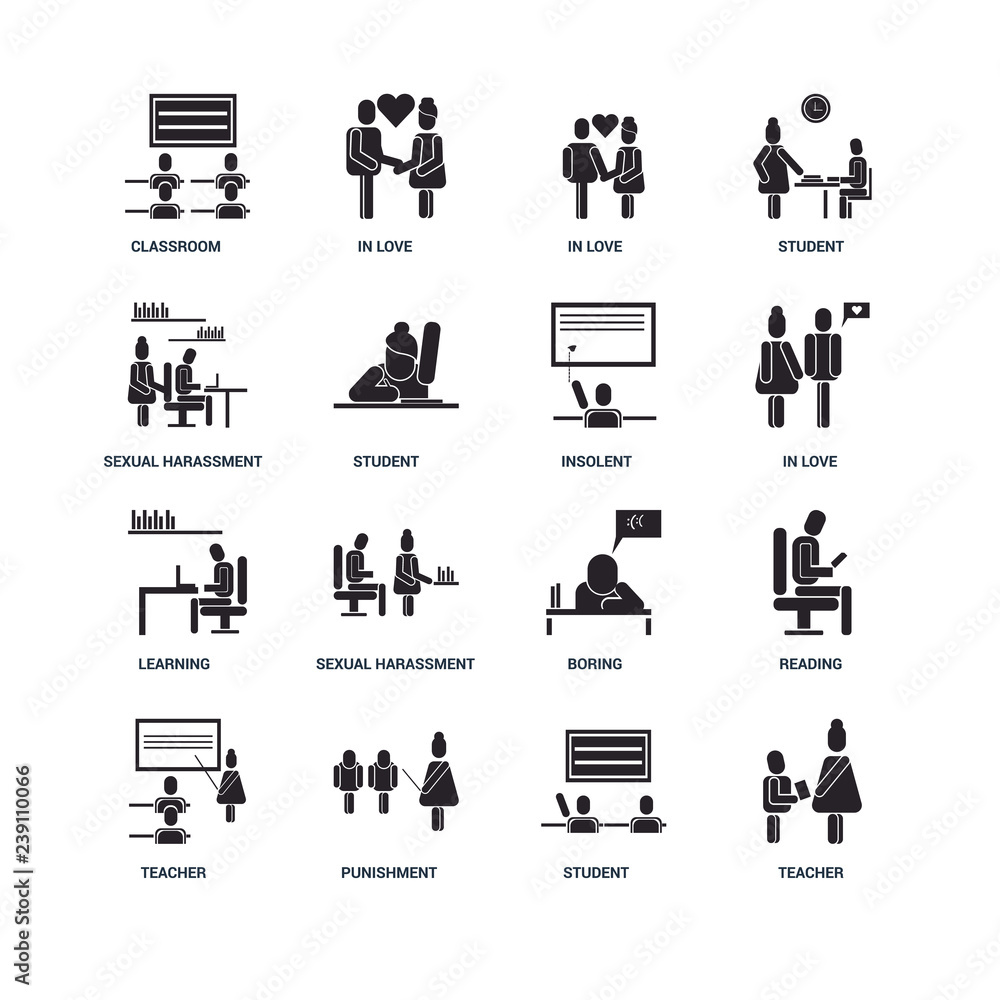Set Of 16 icons such as Teacher, Student, Punishment, Reading ...
