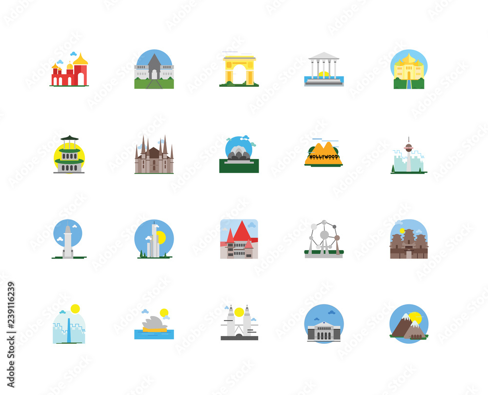 Set Of 20 icons such as Mount fuji, Cn tower, Taj mahal, Parthenon, The ...