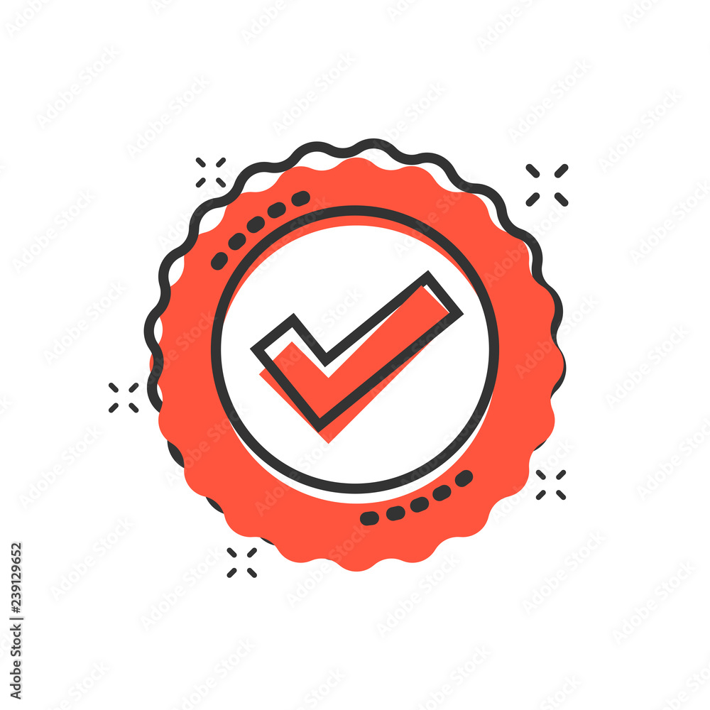 Approved certificate medal icon in comic style. Check mark stamp vector ...