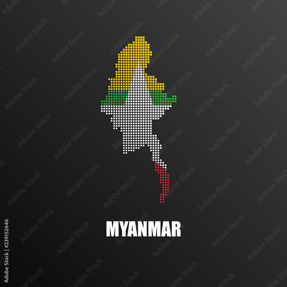 Pixelated map of Myanmar with national flag Stock Vector | Adobe Stock