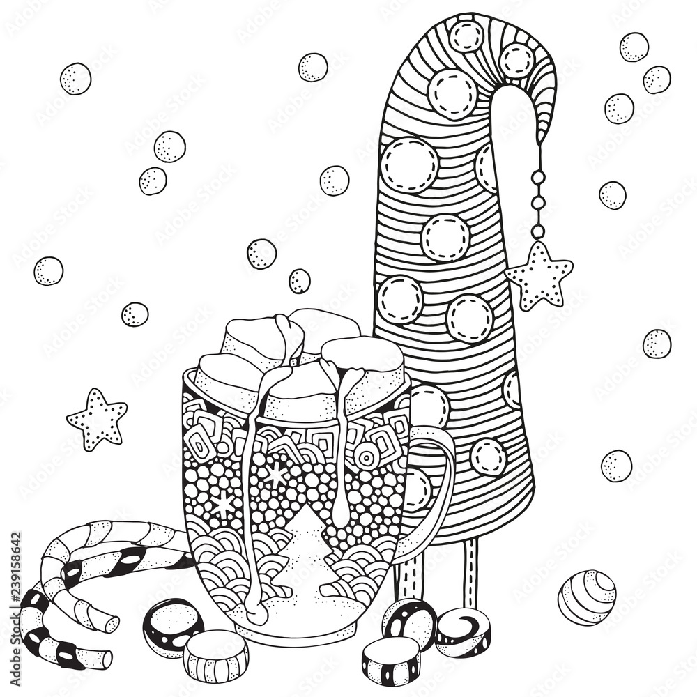 Christmas mug with hot chocolate and marshmallow. Christmas decoration ...