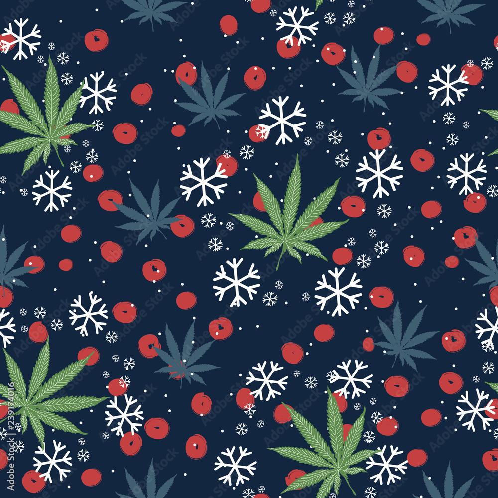 Christmas Weed Leaf and Snowflakes. Holiday Happy Background. Vector ...