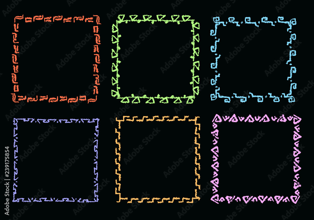 Chalk or crayon hand drawing square frame on chalkboard. Set of bright ...