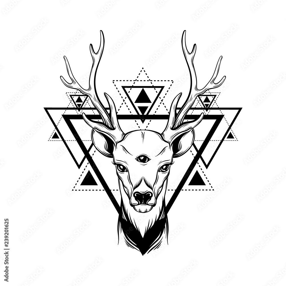 Hand drawn beautiful deer with tree eyes. Alchemy, religion ...