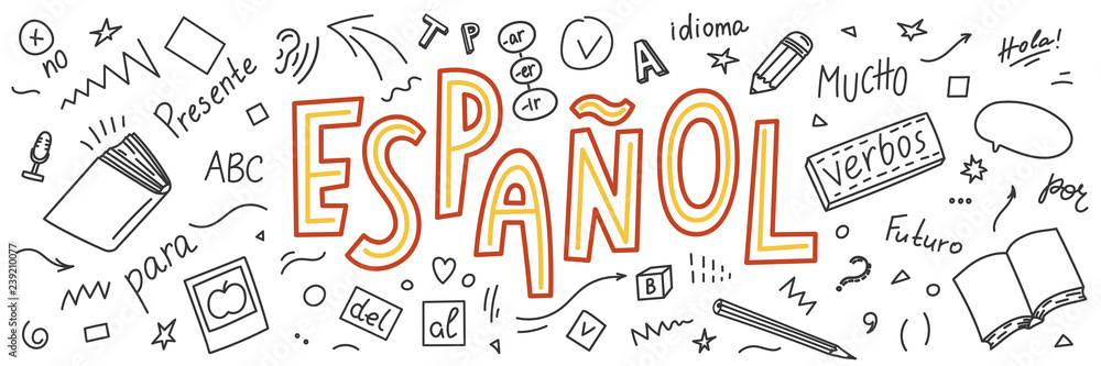 Vector de Stock Espanol. Translation "Spanish". Language hand drawn ...