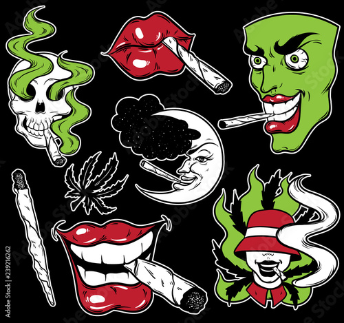 Vector fashion patch badges set with lips, skull, roll-up, face and ...