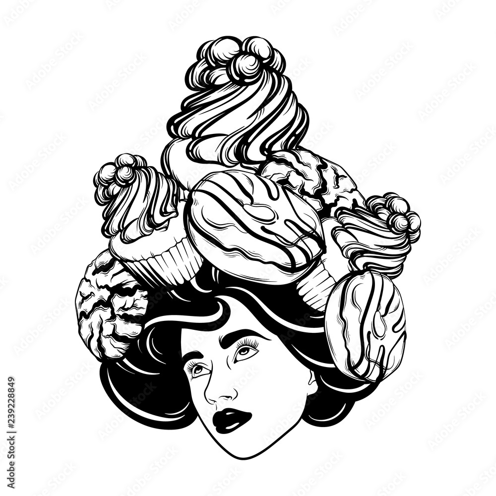 Vector hand drawn illustration of pretty girl with sweets on head ...