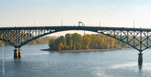 Ross island bridge in Portland, Oregon. Arc shaped cantilever truss ...