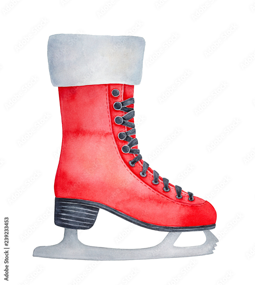 Beautiful bright red figure ice skate with fluffy fur top and black ...