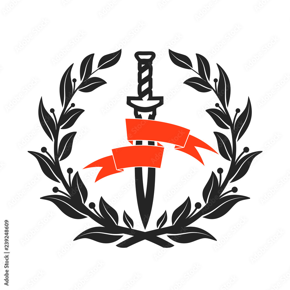 Heraldic sword symbol in a laurel wreath vector icon. Stock Vector ...