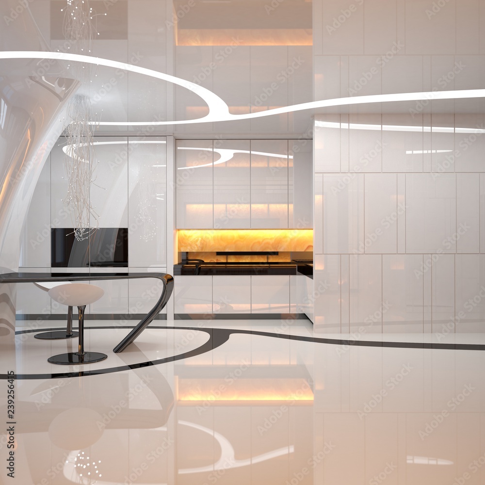 Kitchen design of the future. Futuristic bar counter with chairs ...