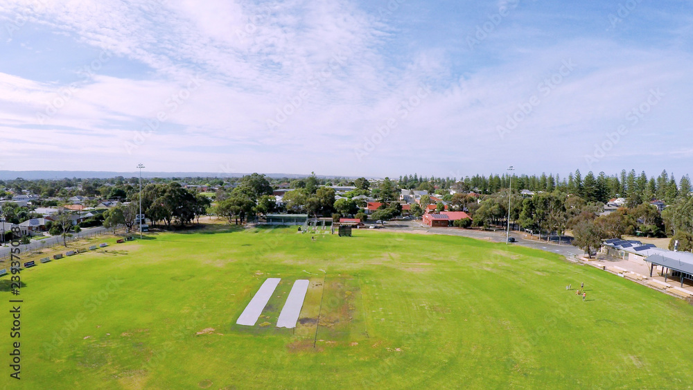 Drone aerial view of Australian public park and sports oval field ...