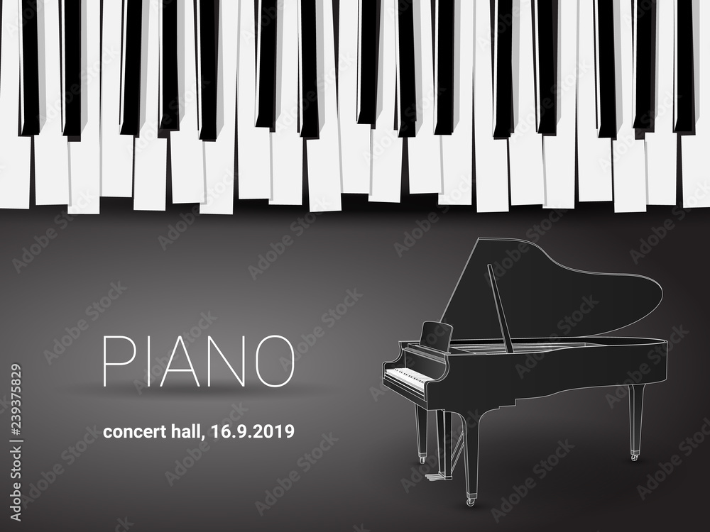 Beautiful monochrome piano concert invitation card with simple stylized ...