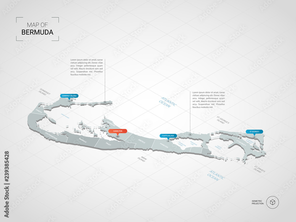 Isometric 3D Bermuda map. Stylized vector map illustration with cities ...