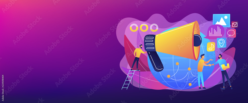 Marketing specialist with loudspeaker influence businessmen and globe ...