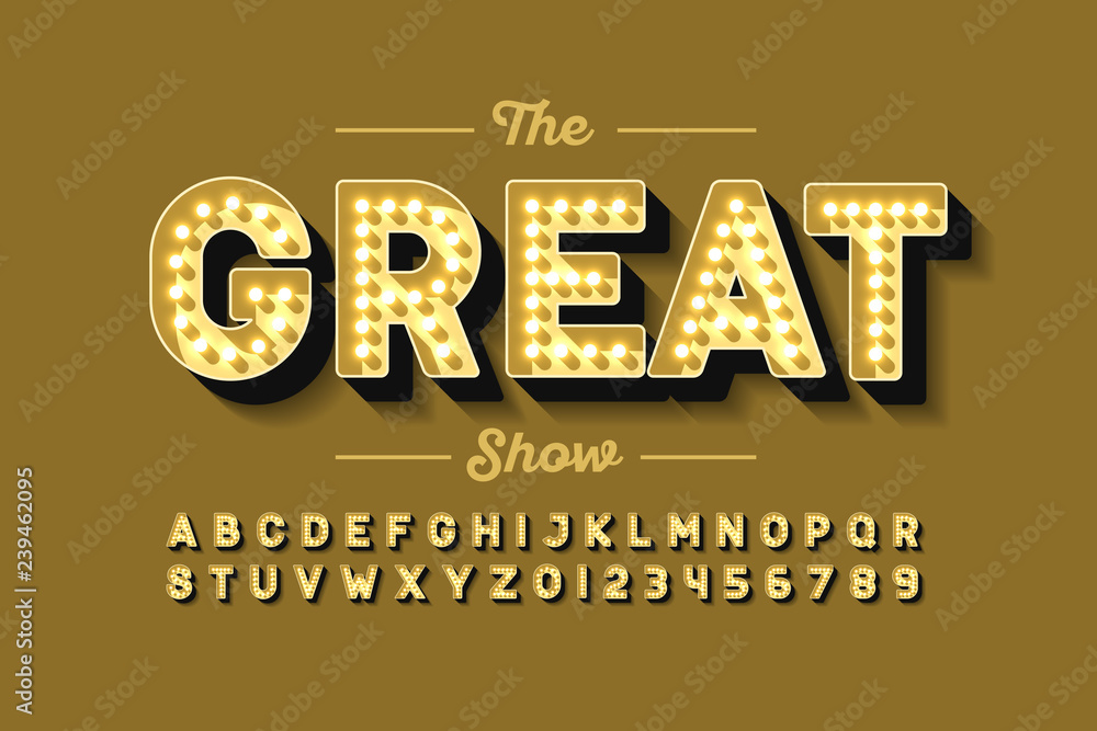 Broadway style retro light bulb font, vintage alphabet letters and ...