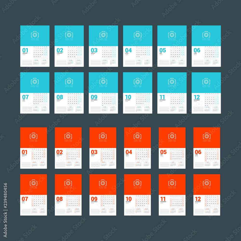 Wall calendar template for 2019 year. Week starts on Sunday. Week ...