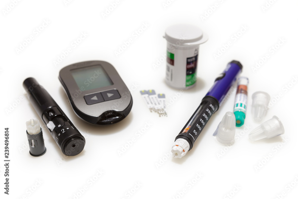 Diabetic set of lancet with spare needles, glucometer, strips, box of ...