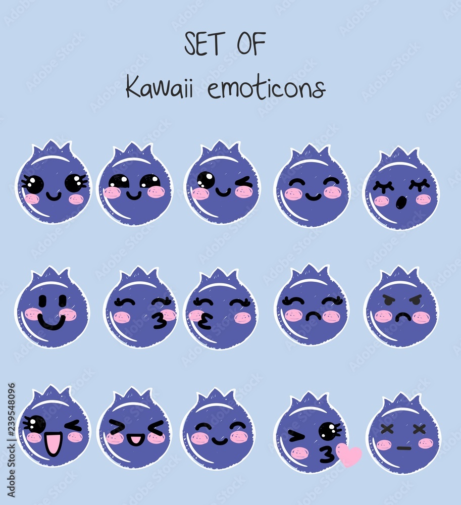 Vector set of kawaii emoticons, cute blueberry with faces with ...