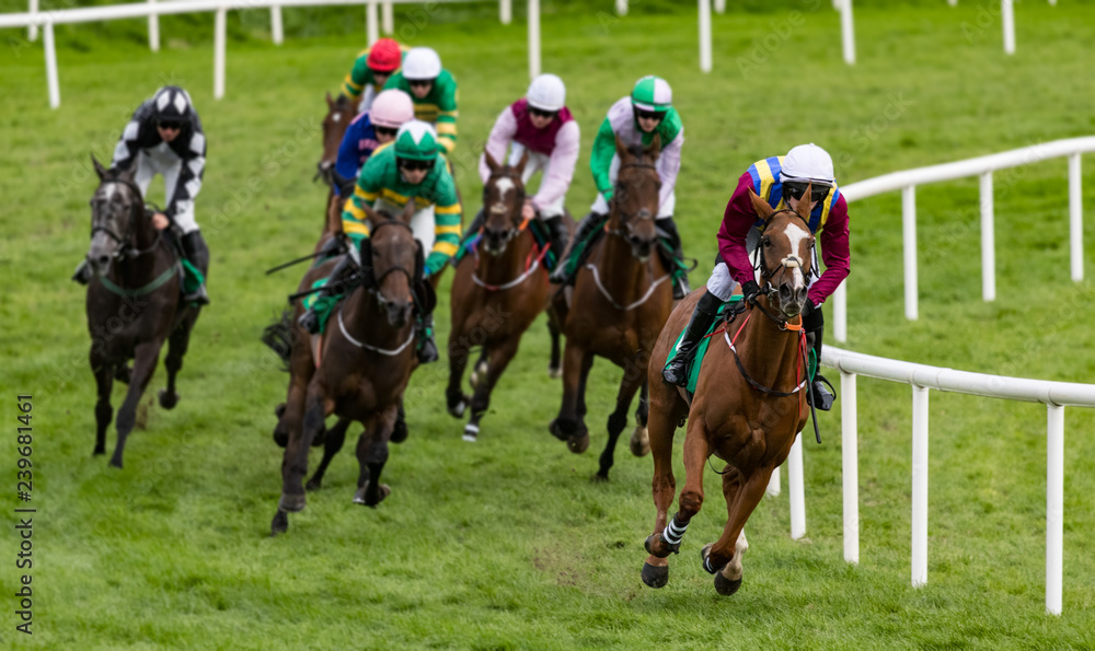 Race horses and jockeys taking the final turn on the race track Stock ...