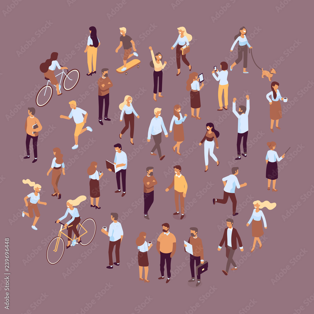 Different isomeric people vector set isolated on dark background. Male ...