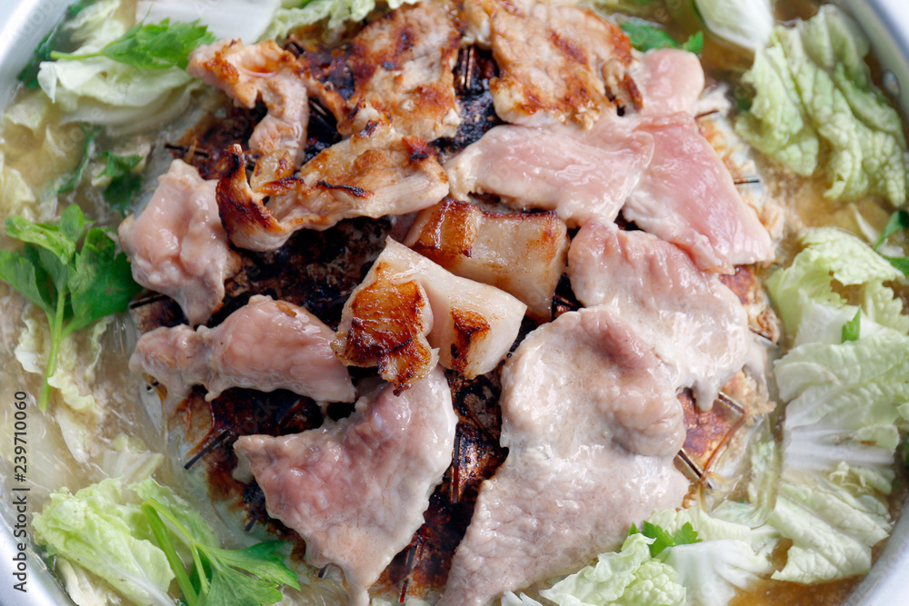 Thai barbecue Grill Pork on hot pan buffet, Moo-gata Pork pan It's ...