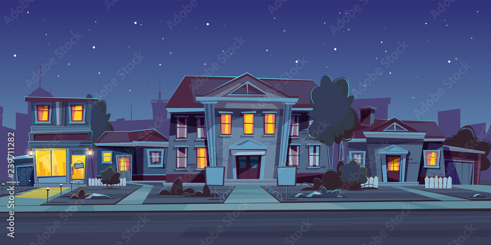 Vector night background with rental of house, estate. Cartoon ...